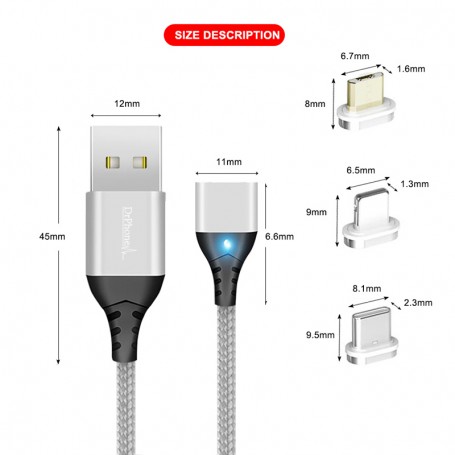 DrPhone FLM Magnetische USB C Oplaad Kabel 3A + Data
